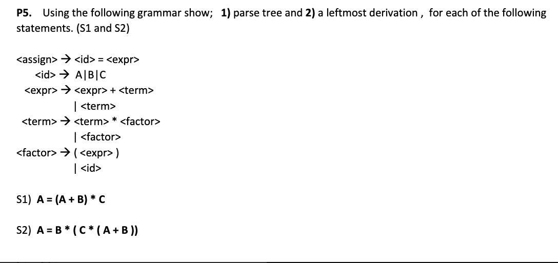 Solved P5. Using the following grammar show; 1) parse tree | Chegg.com