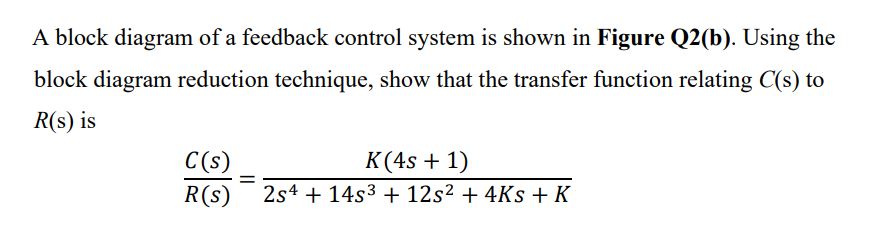 Solved A block diagram of a feedback control system is shown | Chegg.com