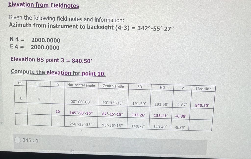 Solved Elevation from Fieldnotes Given the following field | Chegg.com