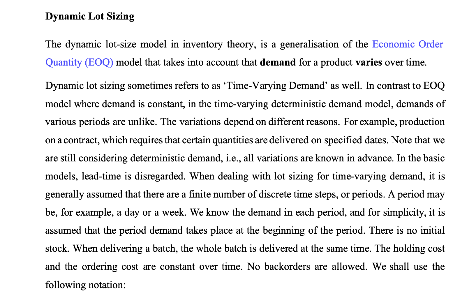 Solved The Dynamic Lot Size Model In Inventory Theory Is A