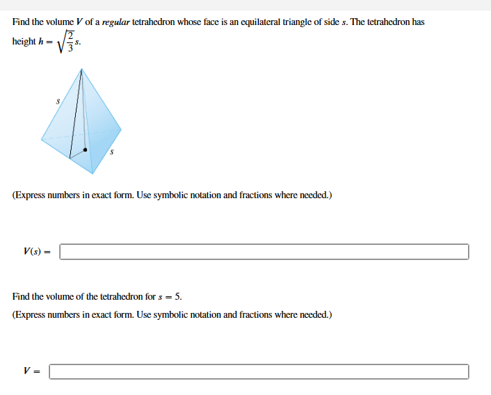 Solved Find the volume V of a regular tetrahedron whose face | Chegg.com