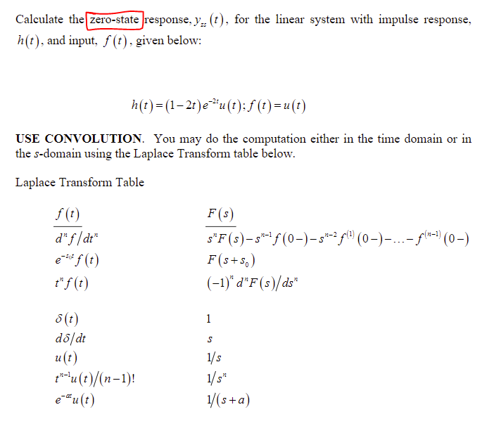 Solved Calculate the zero-state response, y(t), for the | Chegg.com