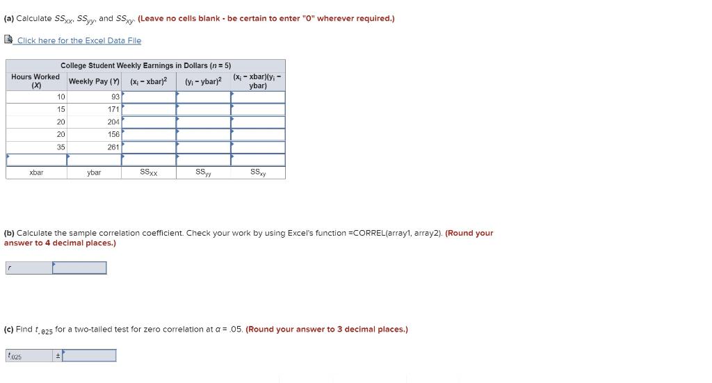 Solved (a) Calculate SSxx,SSyy, and SSxy. (Leave no cells | Chegg.com