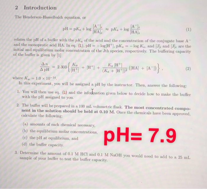Solved 2 Introduction The Henderson-Hasselbalch equation, or | Chegg.com