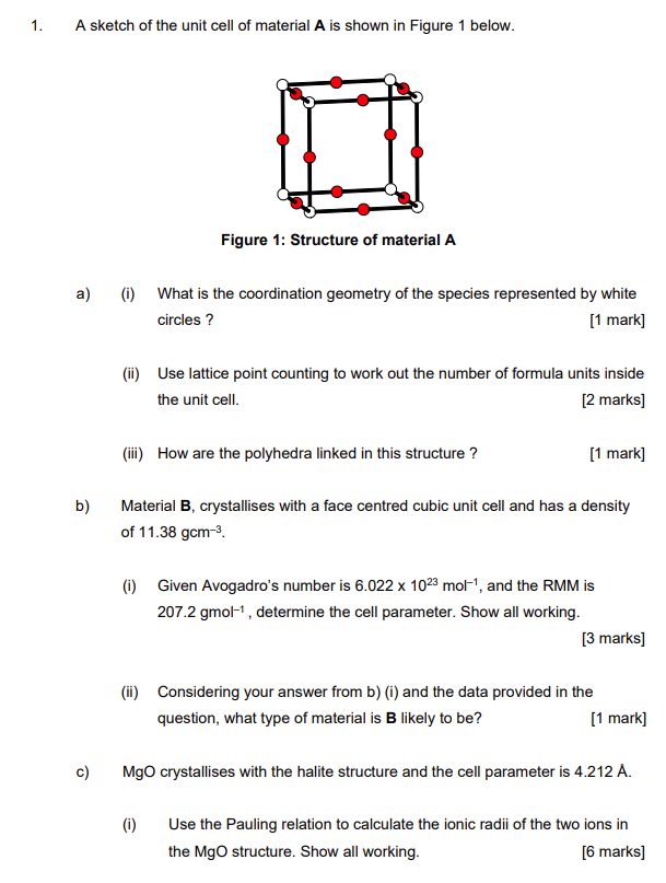 Solved 1. A sketch of the unit cell of material A is shown | Chegg.com