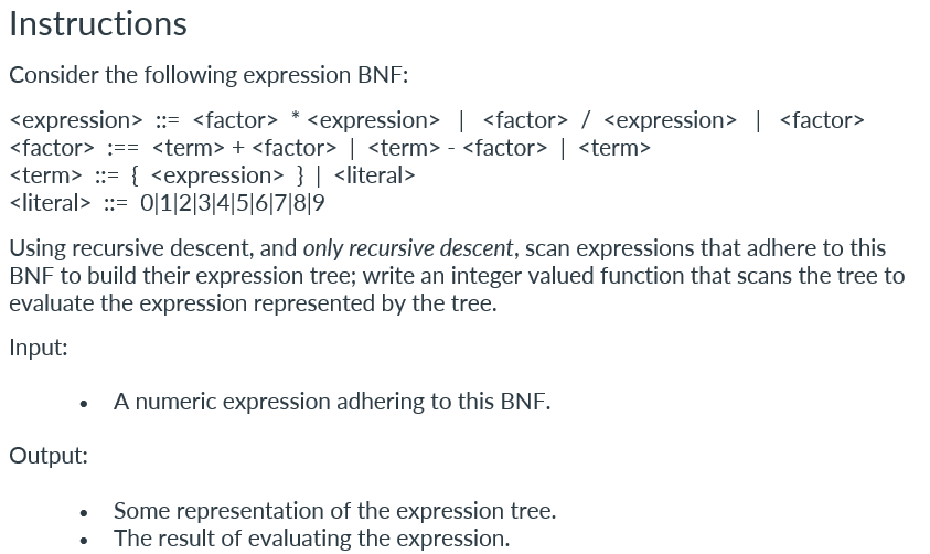 Solved Instructions Consider the following expression BNF: | Chegg.com