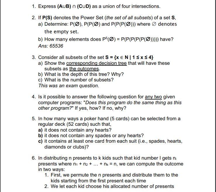 Solved 1. Express (AUB) (CUD) as a union of four | Chegg.com