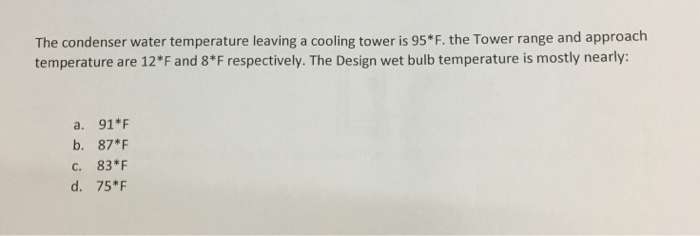 Solved The condenser water temperature leaving a cooling | Chegg.com