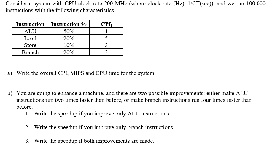 Solved Consider a system with CPU clock rate 200MHz (where | Chegg.com