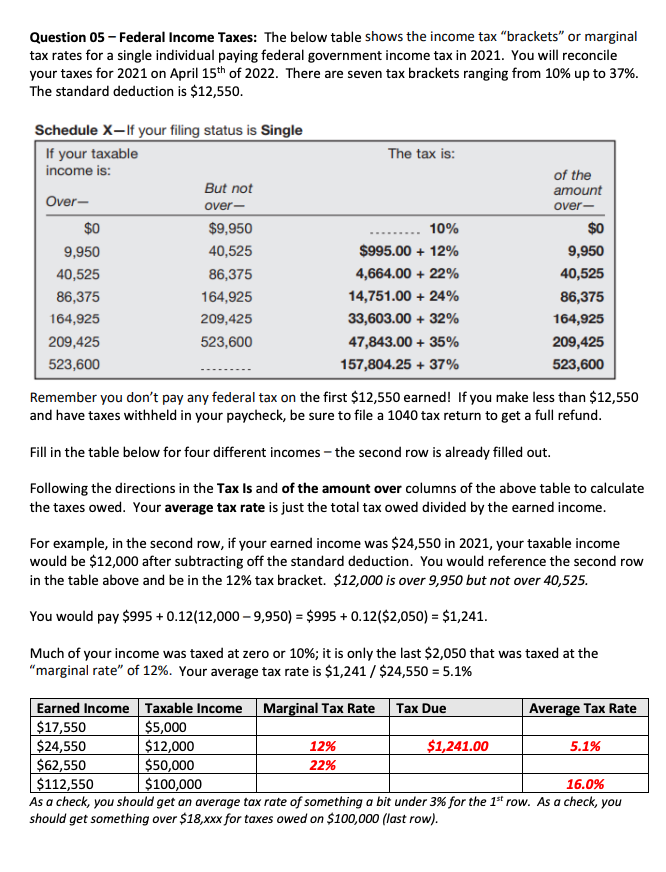 Solved Question 05 - Federal Income Taxes: The below table | Chegg.com
