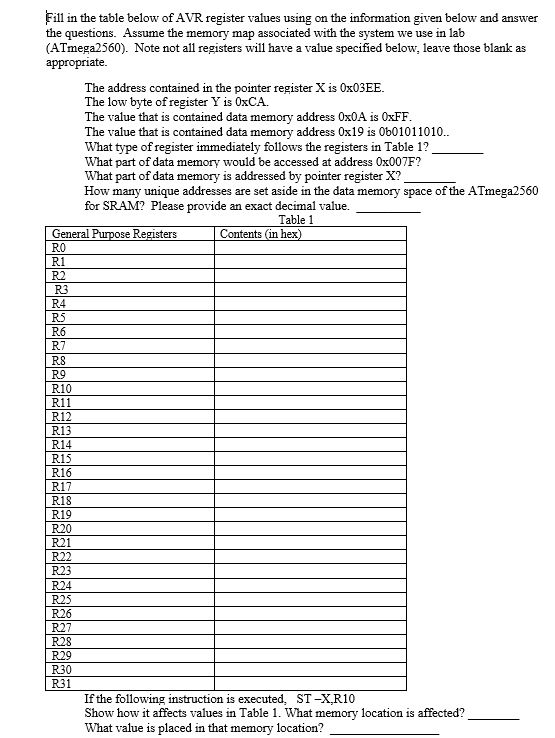Solved Fill in the table below of AVR register values using | Chegg.com