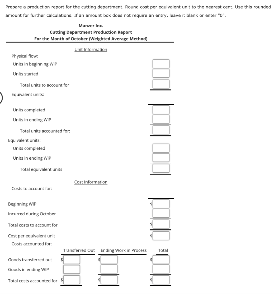 Prepare a production report for the cutting | Chegg.com
