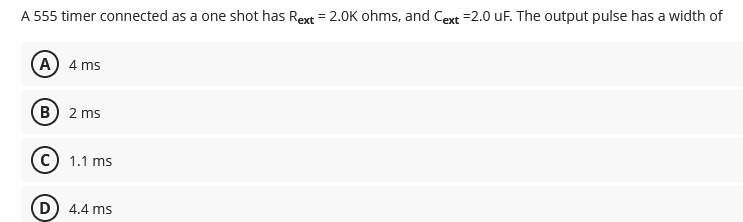 Solved A 555 ﻿timer connected as a one shot has Rext =2.0K | Chegg.com