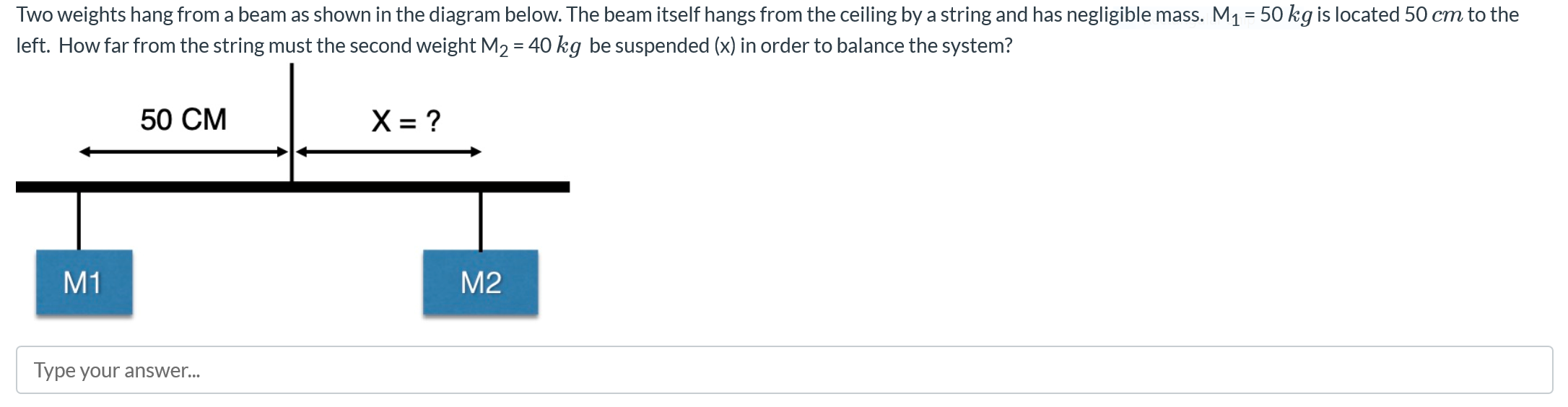 Solved Two weights hang from a beam as shown in the diagram | Chegg.com