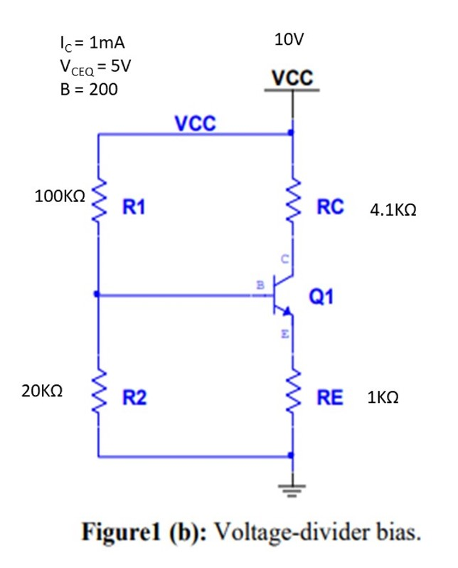 Solved 10V Ic = 1mA VceQ = 5V VCC B = 200 VCC 100KΩ R1 RC | Chegg.com