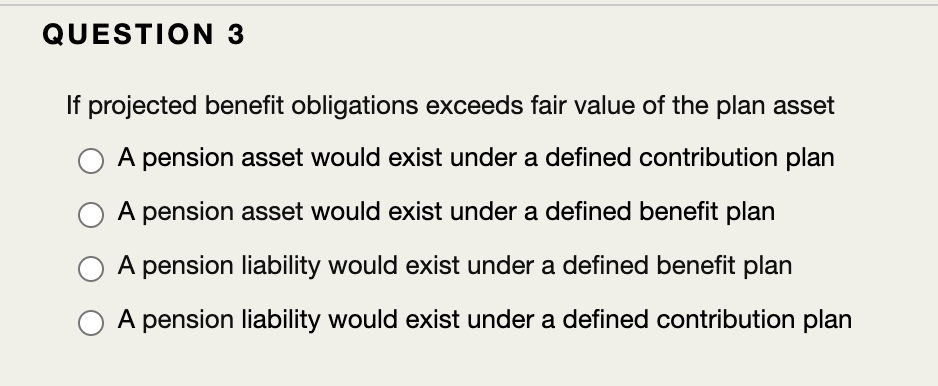 Solved QUESTION 3 If projected benefit obligations exceeds | Chegg.com