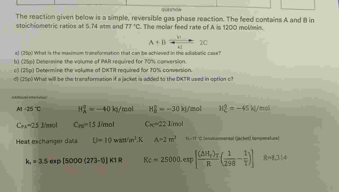 Solved The reaction given below is ﻿a simple, reversible gas | Chegg.com