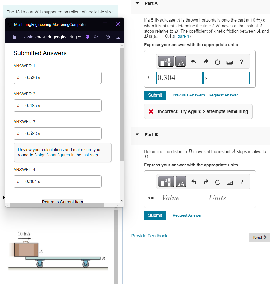Solved The 18lb cart B is supported on rollers of negligible | Chegg.com