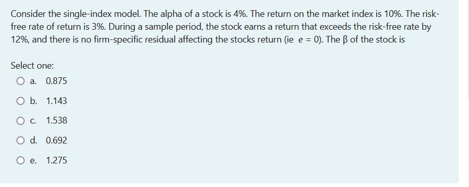 Solved Consider the single-index model. The alpha of a stock | Chegg.com