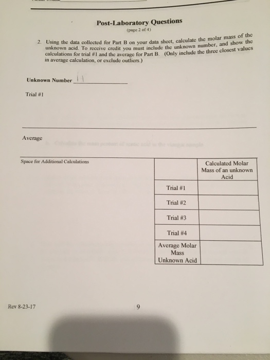Solved Calculate the molar mass of the unknown acid Trial 1 | Chegg.com