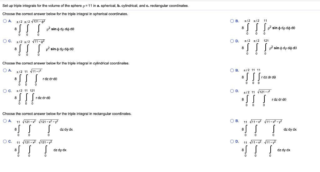 Solved Set up triple integrals for the volume of the sphere | Chegg.com