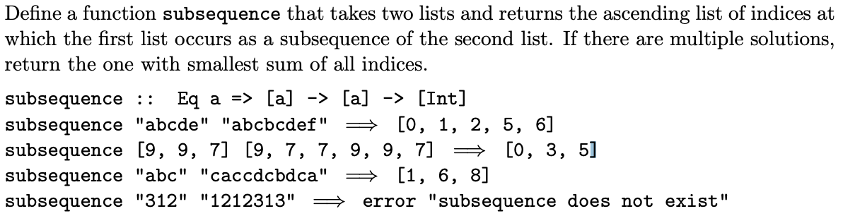 Define a function subsequence that takes two lists | Chegg.com