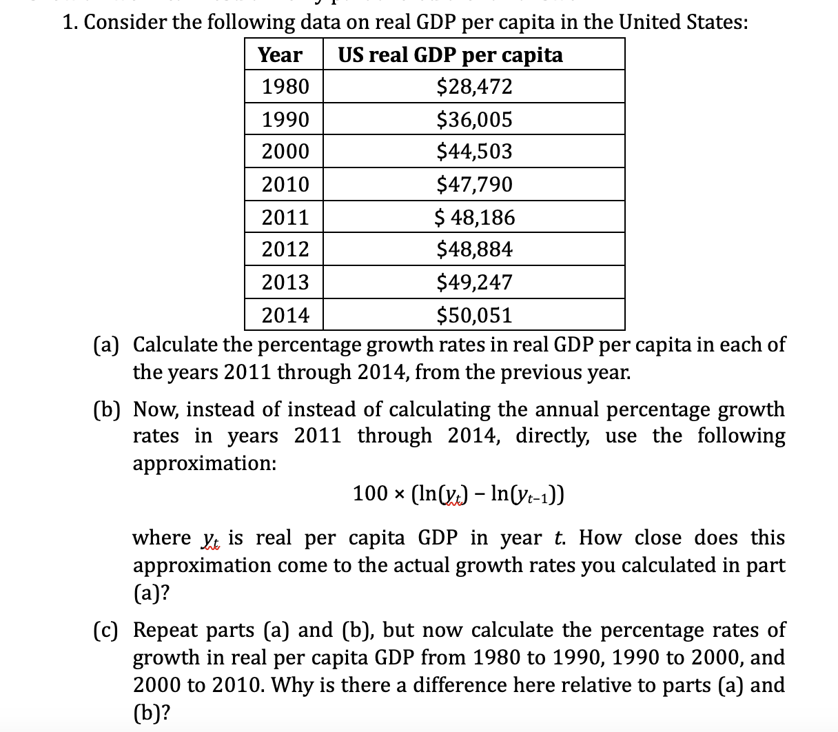 Solved 1. Consider the following data on real GDP per capita | Chegg.com