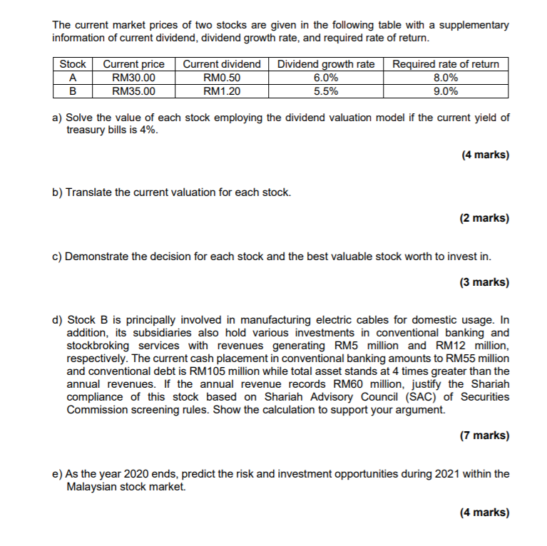 Solved The current market prices of two stocks are given in | Chegg.com