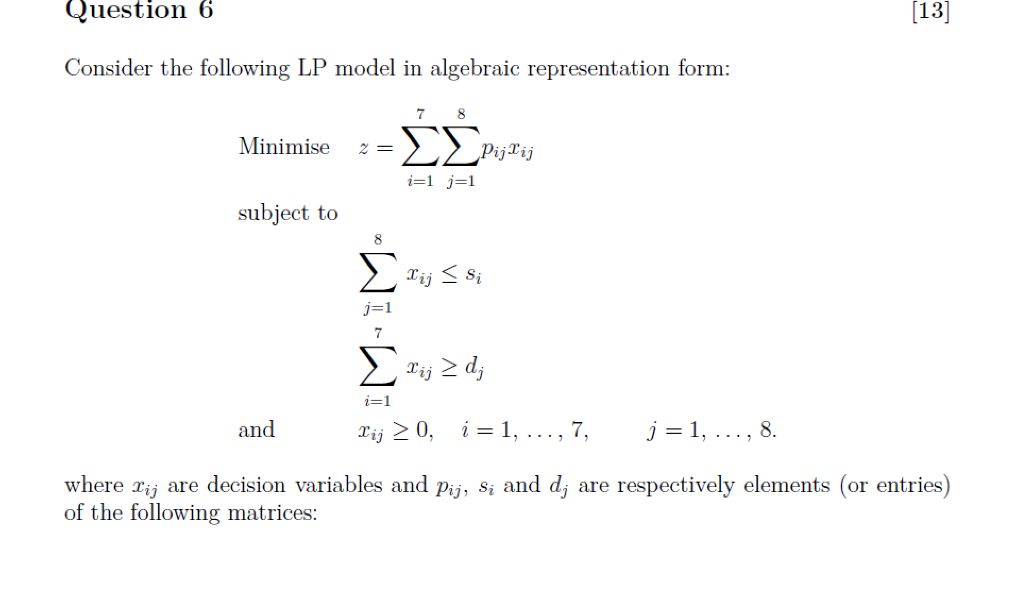 Consider the following LP model in algebraic | Chegg.com
