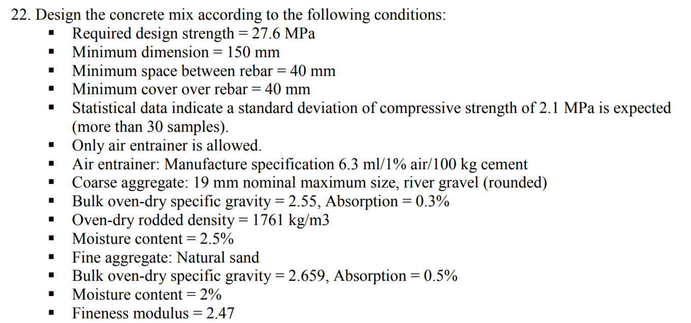 Solved 22. Design the concrete mix according to the | Chegg.com