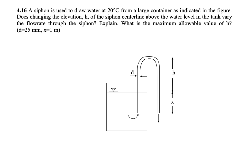 Solved 4.16 ﻿A siphon is used to draw water at 20^(@)C from | Chegg.com