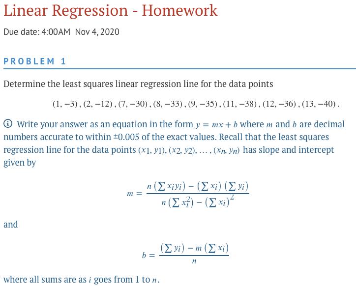 Solved Linear Regression - Homework Due date: 4:00 AM Nov 4, | Chegg.com
