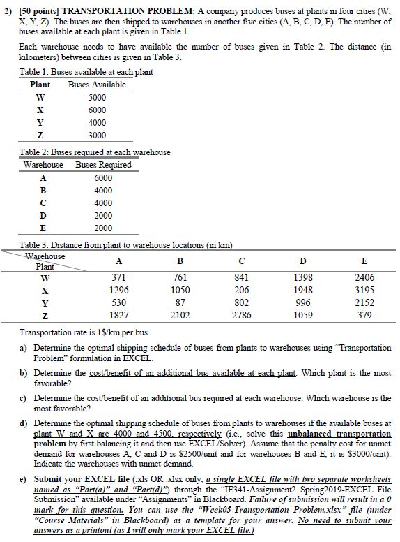Solved 2) [50 points] TRANSPORTATION PROBLEM: A company | Chegg.com