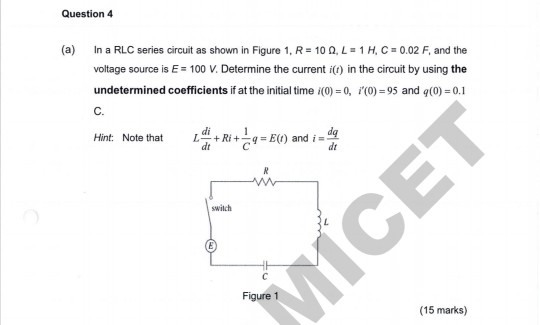 Solved Question 4 (a) In a RLC series circuit as shown in | Chegg.com
