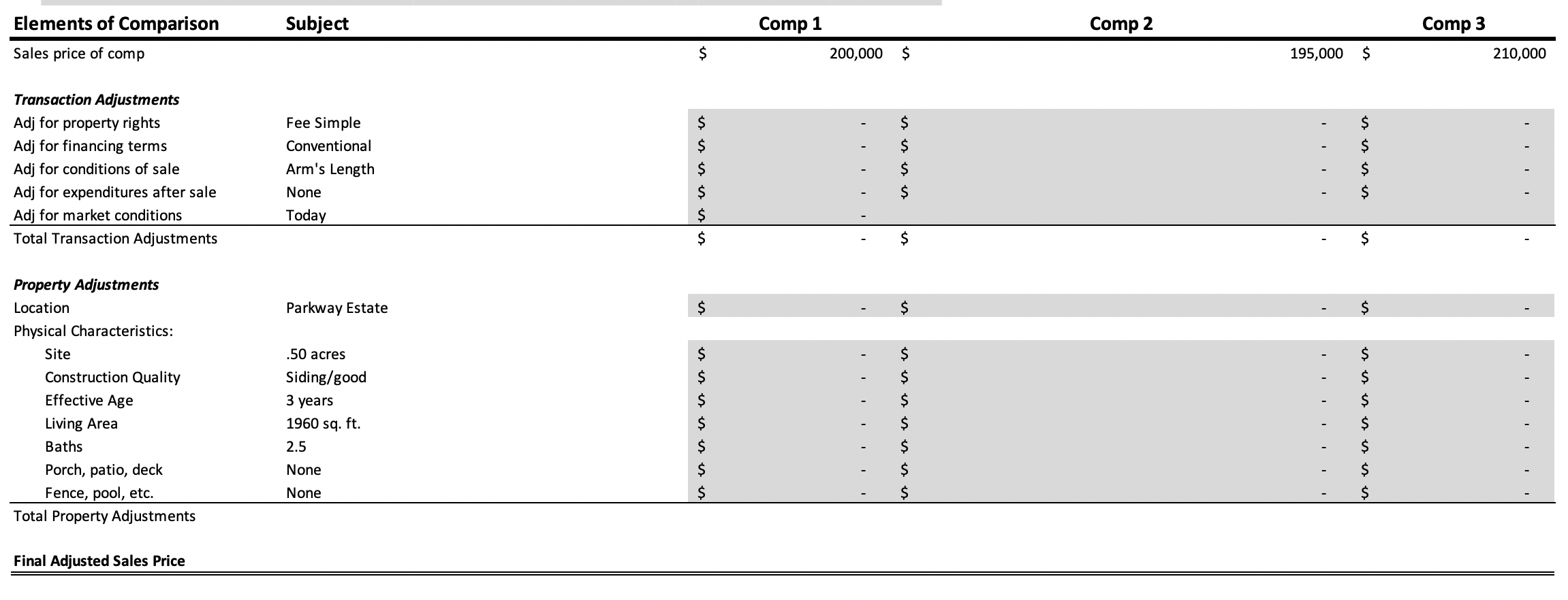 Question 1 Sales Comparison Approach Subject Elements | Chegg.com