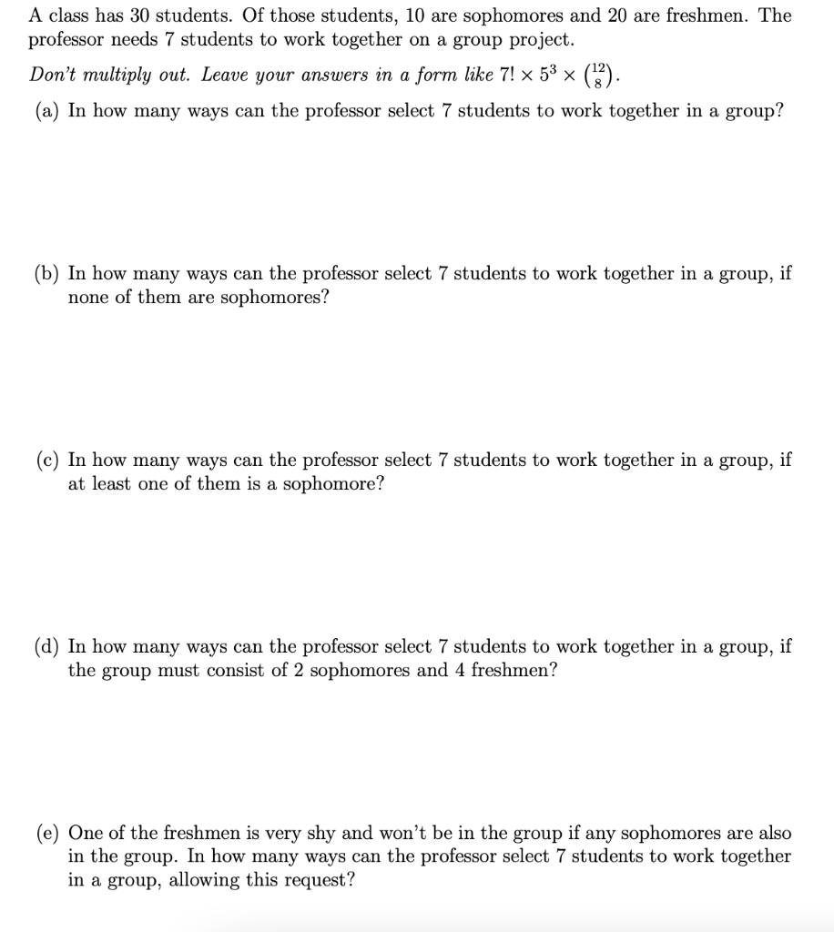 Solved A class has 30 students. Of those students, 10 are | Chegg.com