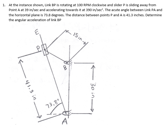 Solved 1. At the instance shown, Link BP is rotating at 100 | Chegg.com