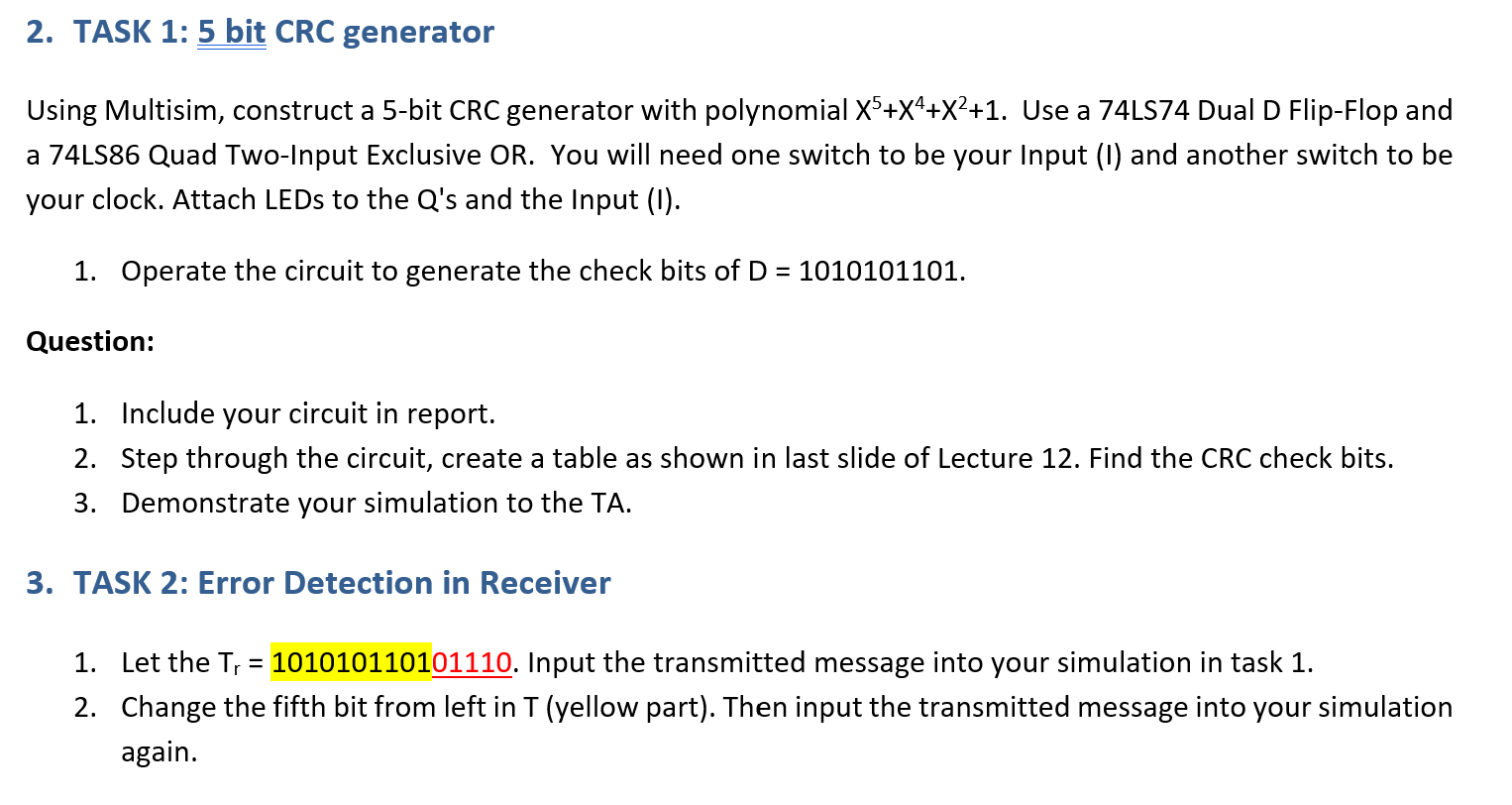 2. TASK 1: 5 bit CRC generator Using Multisim, | Chegg.com