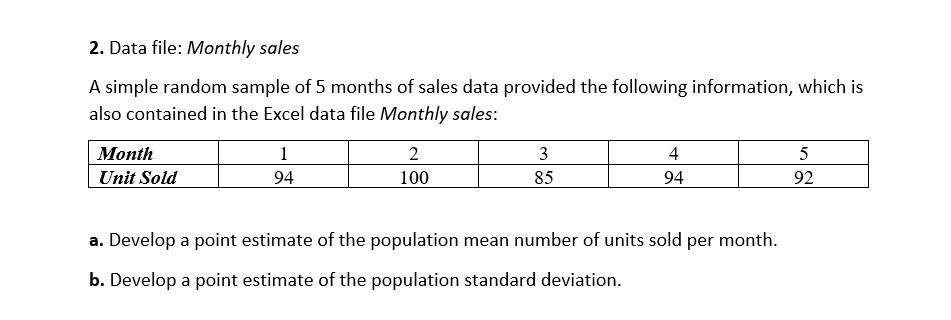 Solved 2. Data file: Monthly sales A simple random sample of | Chegg.com