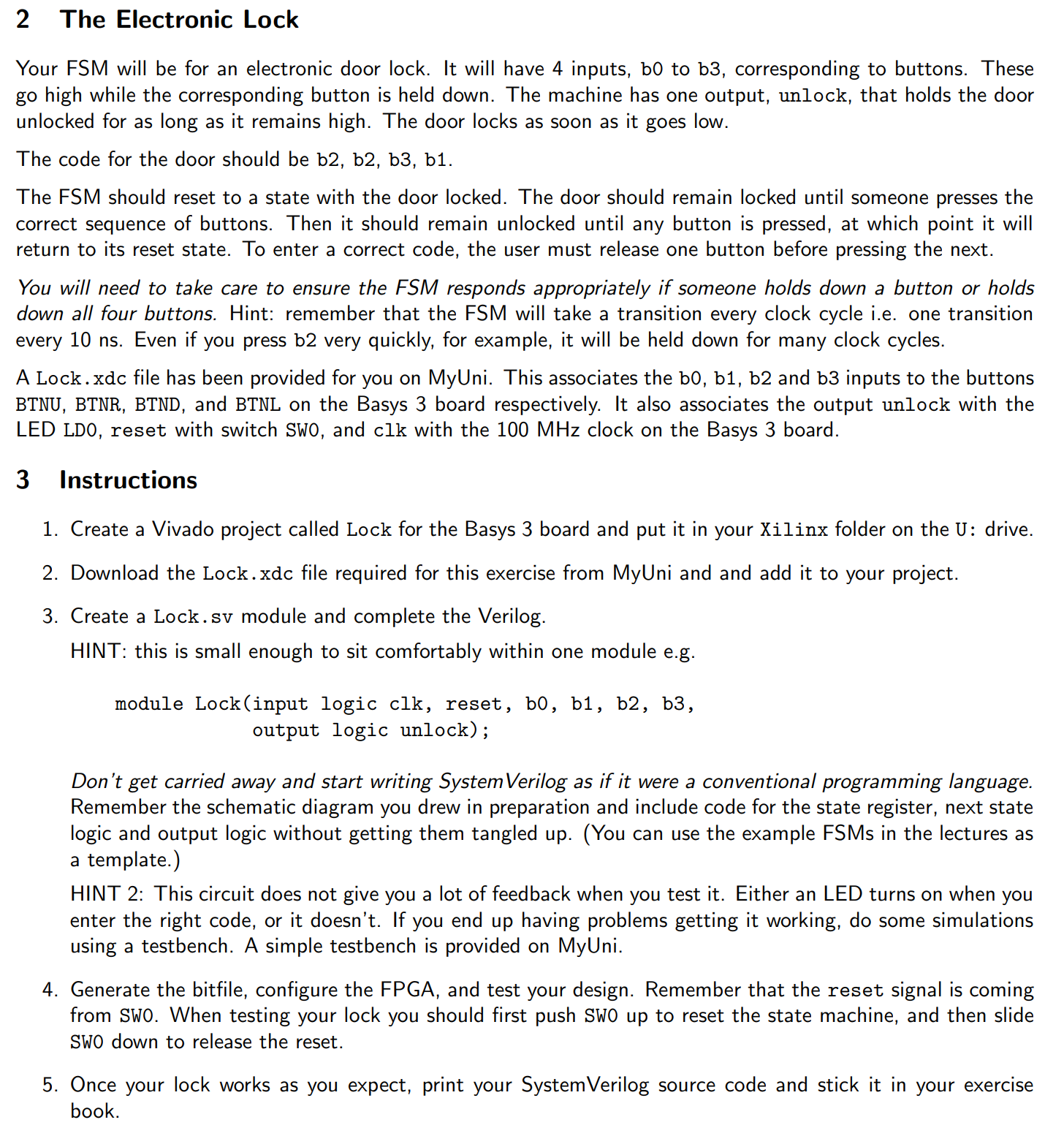 Solved The Electronic Lock 'our FSM will be for an | Chegg.com