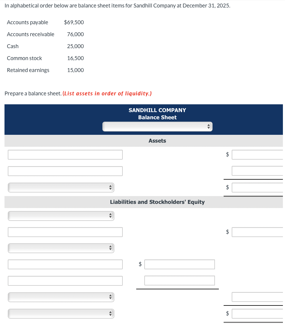 Solved In alphabetical order below are balance sheet items | Chegg.com