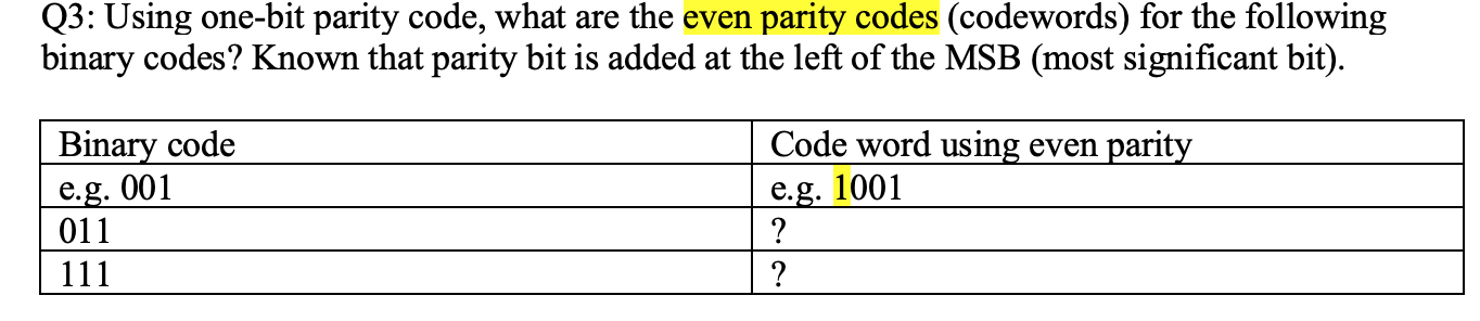 Solved Q3: Using one-bit parity code, what are the even | Chegg.com