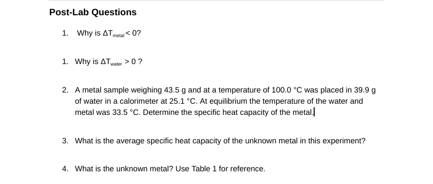 Solved Data Sheet Table 2: Mass Table 3: Specific Heat | Chegg.com