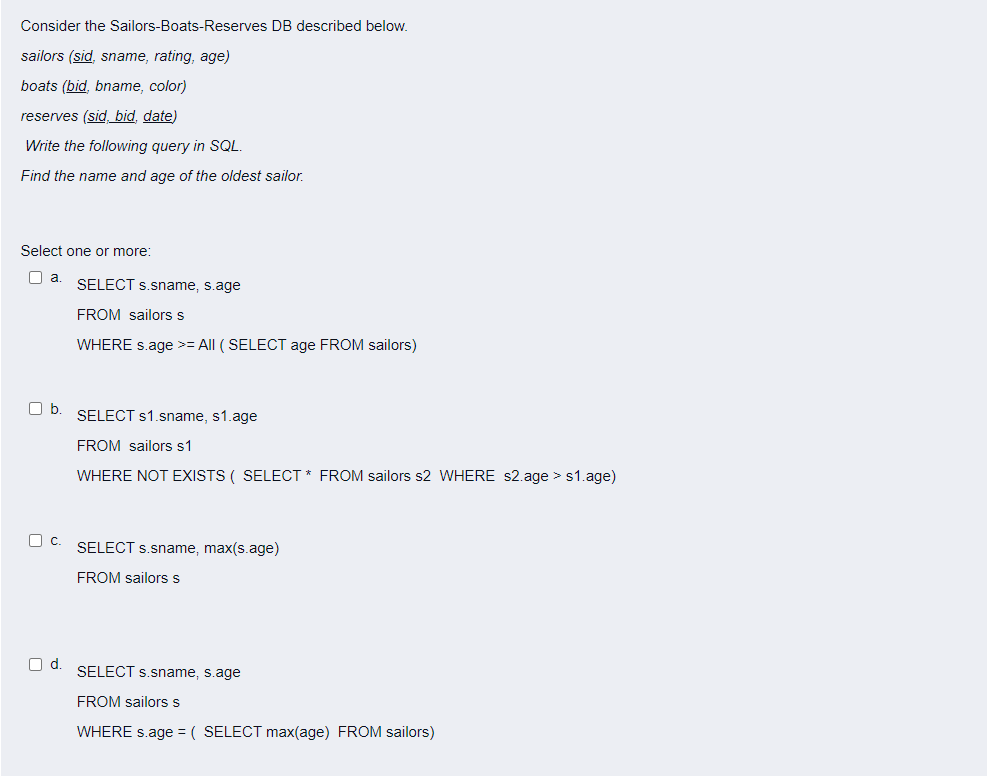 Solved Consider the Sailors-Boats-Reserves DB described | Chegg.com