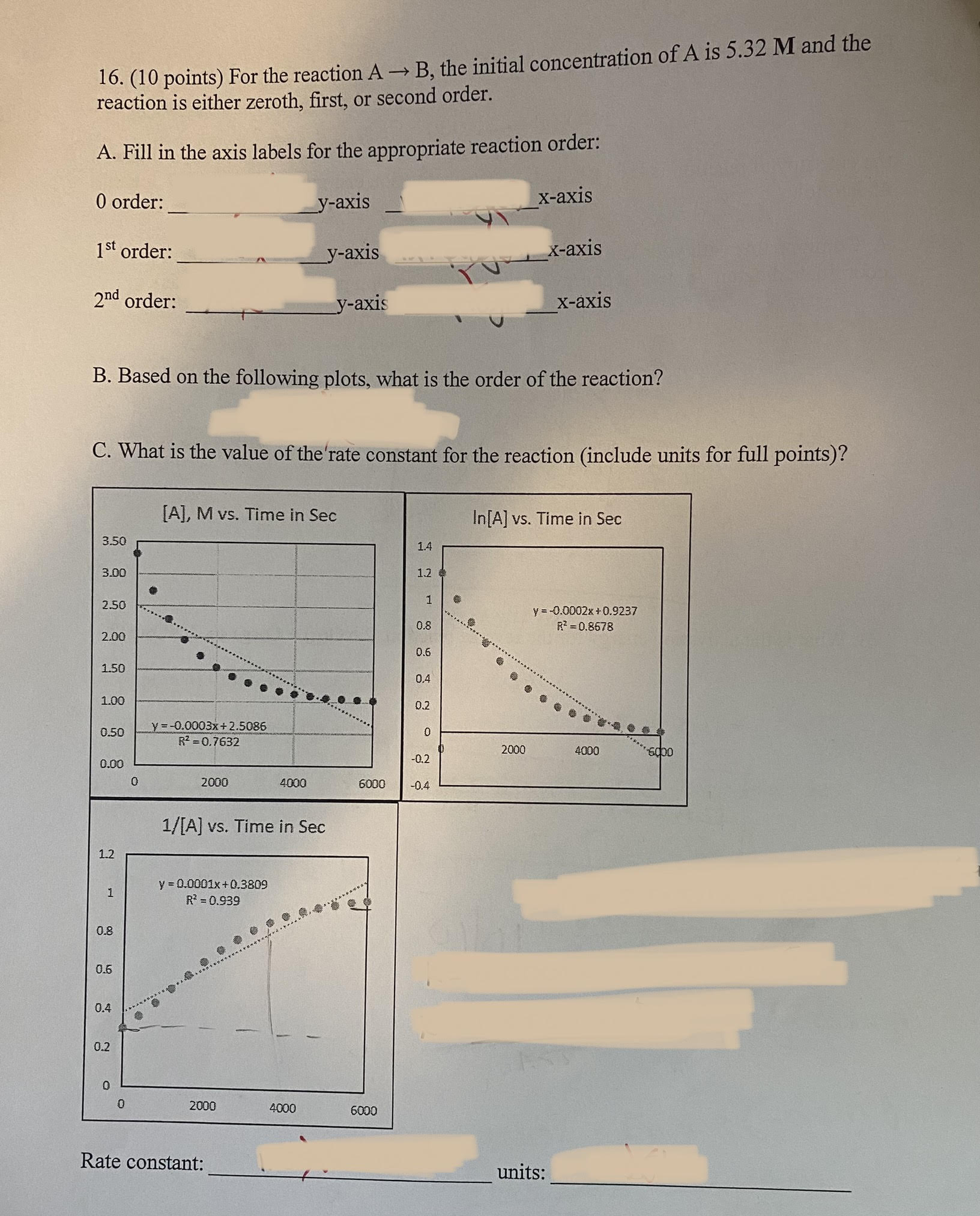 Solved 16. (10 points) For the reaction A→B, the initial | Chegg.com