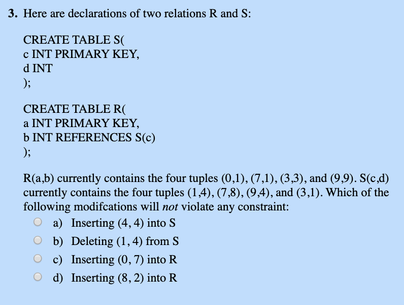 Solved 3. Here are declarations of two relations R and S: | Chegg.com