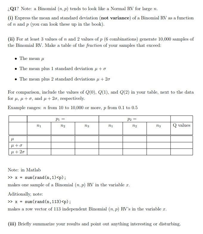 Solved i.Q1? Note: a Binomial (n,p) tends to look like a | Chegg.com