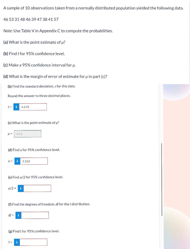 Solved A sample of 10 observations taken from a normally | Chegg.com