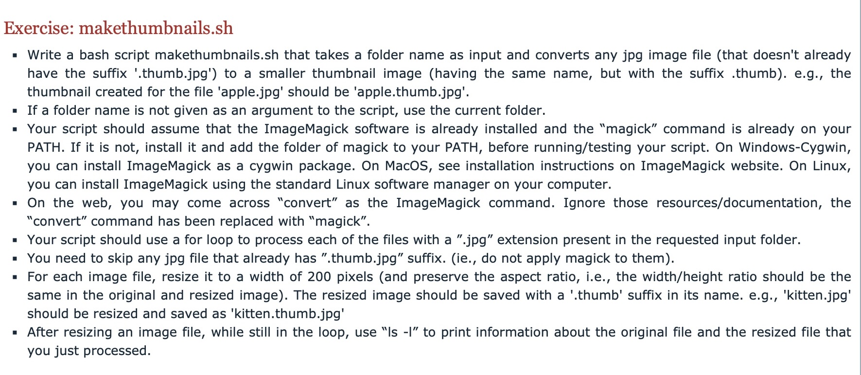 Solved Exercise: makethumbnails.sh - Write a bash script | Chegg.com