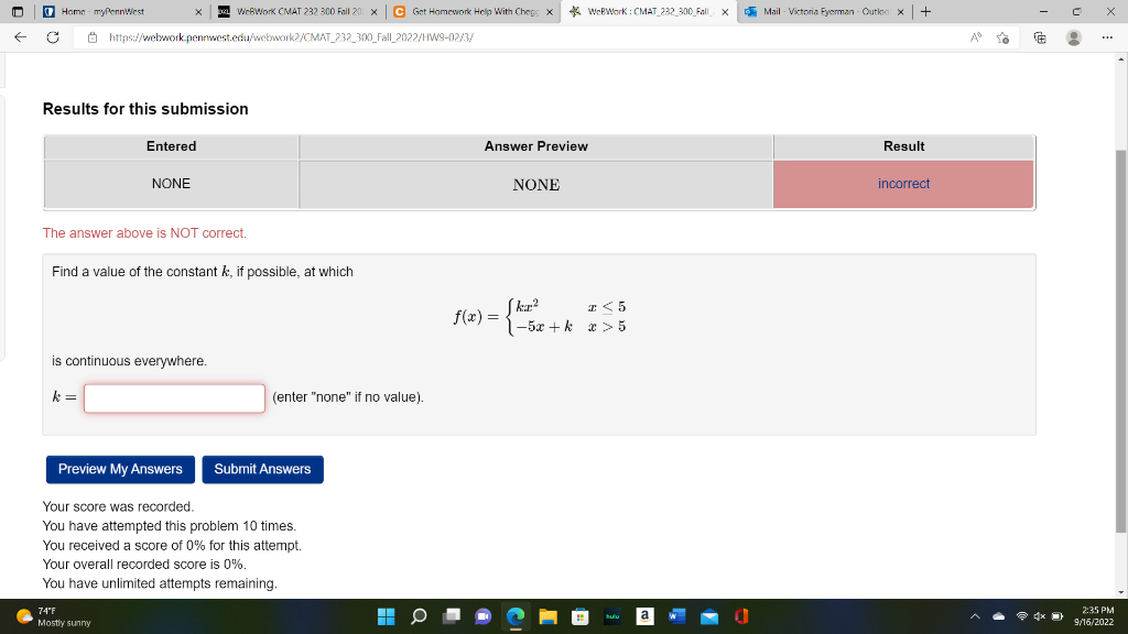 Solved Results for this submission The answer above is NOT | Chegg.com
